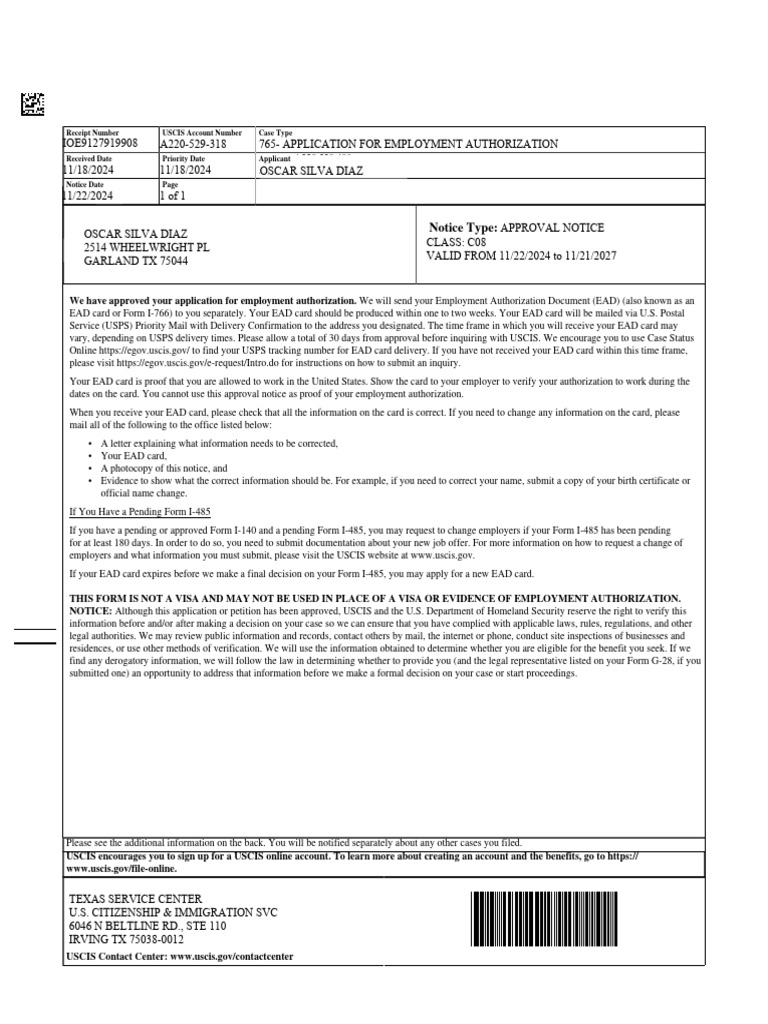 Ead Approval Notice 11:22:24 | PDF | Immigration To The United States ...