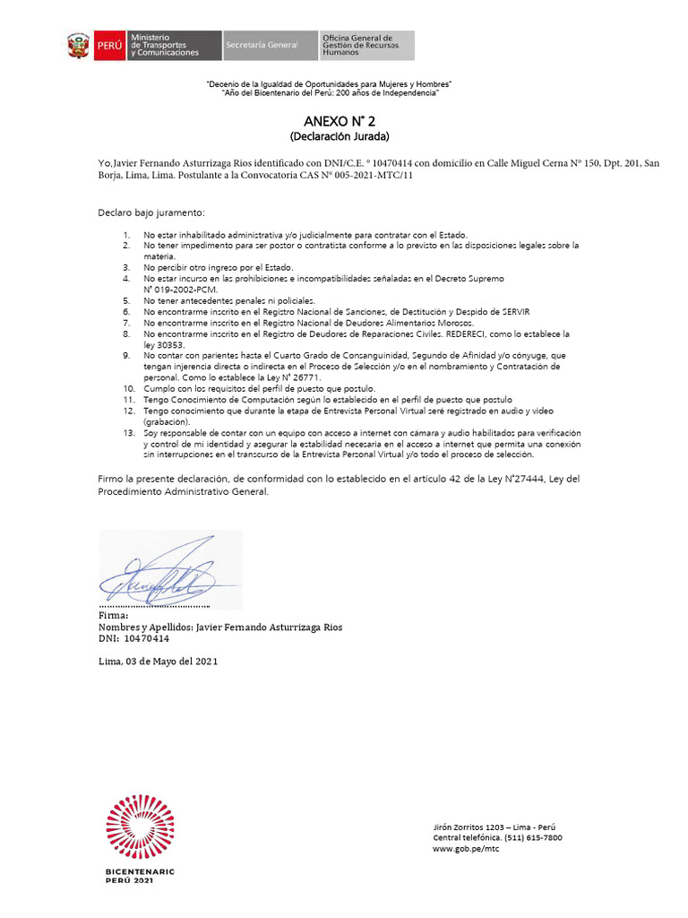 Anexo_N_2_-_Declaracion_Jurada_03_05_2021 | PDF | Documento de identidad | Gobierno