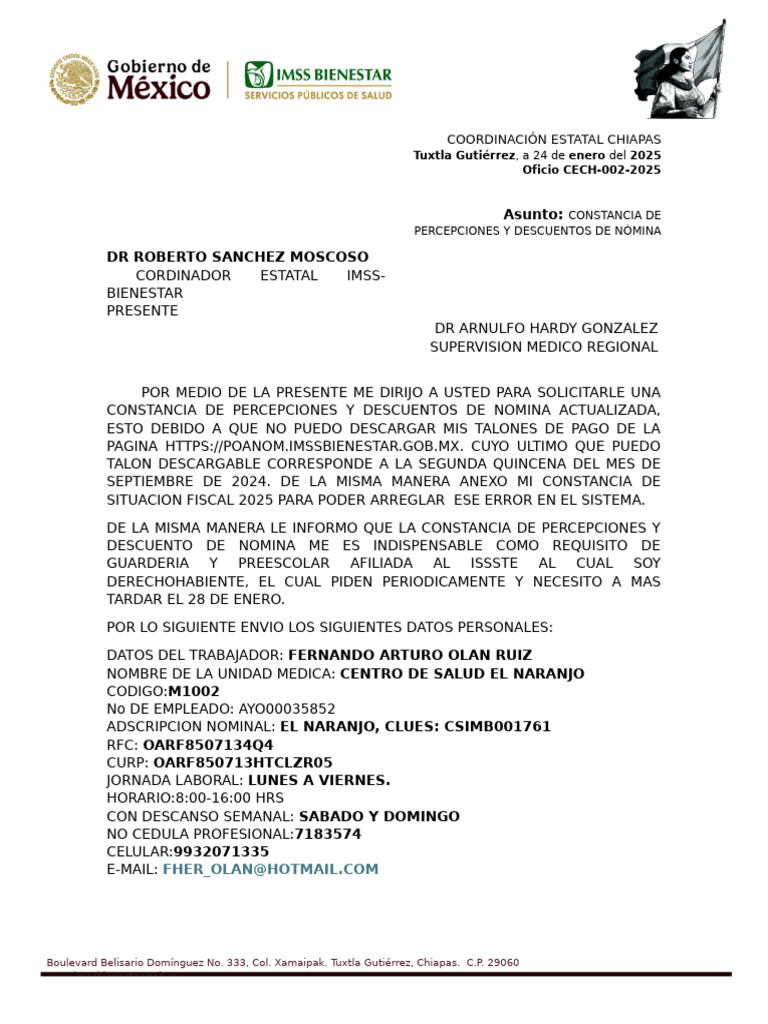 IMSS - Bienestar - Formato Oficio 2025 - Limpio (1) - 2 | PDF