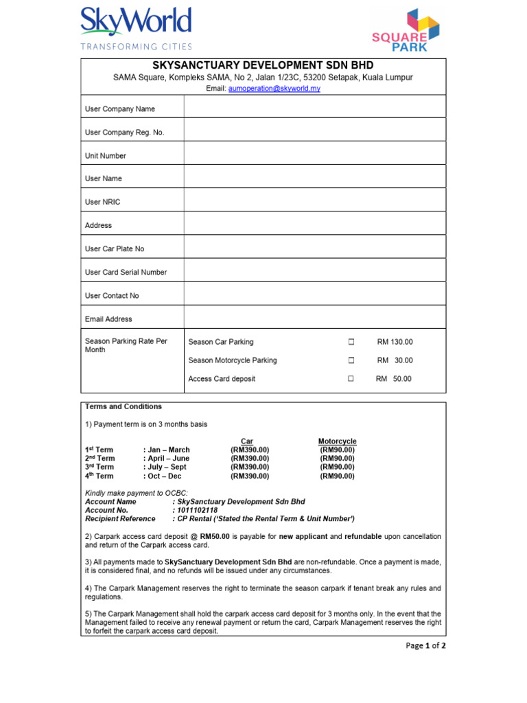 SAMA Square Carpark Rental Form 2024 | PDF | Lease