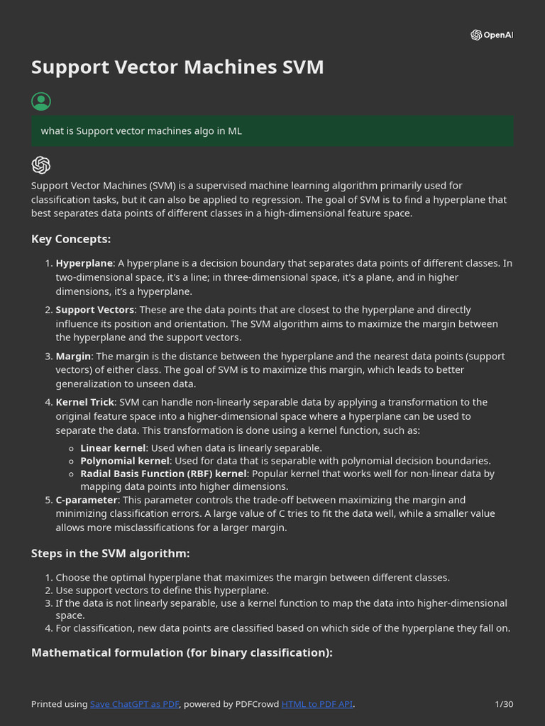 SVM Algorithm: Key Concepts & Implementation | PDF | Support Vector Machine | Algorithms And ...