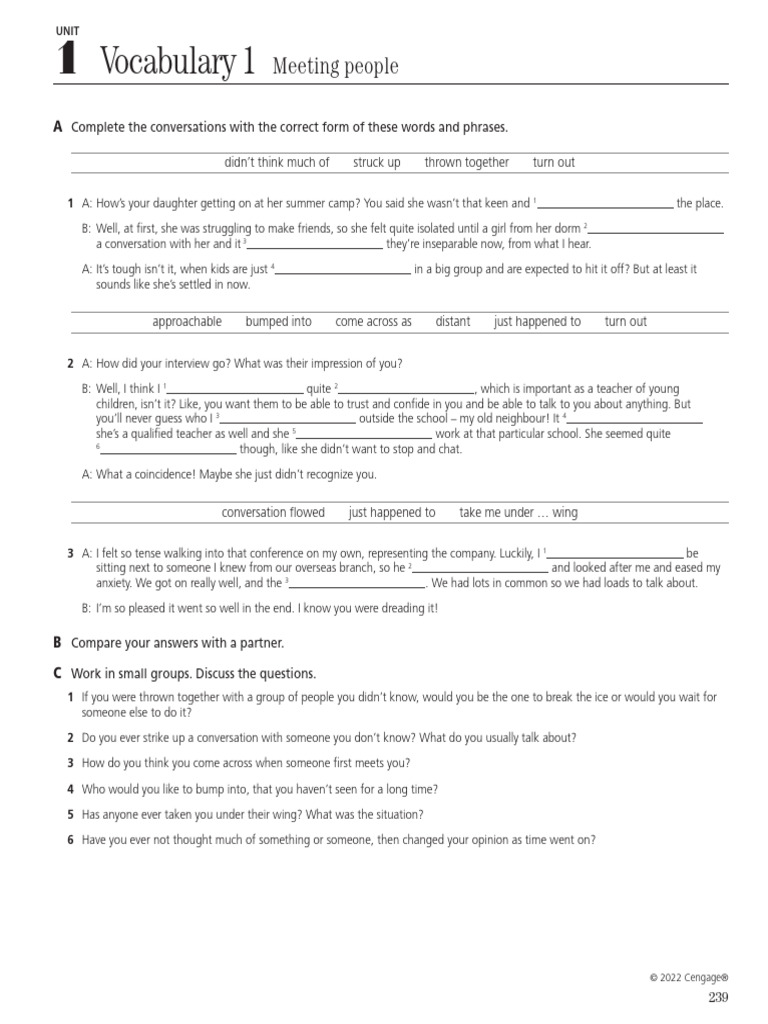 Voices Advanced StudentWorksheets Vocabulary 1 Unit 01 | PDF