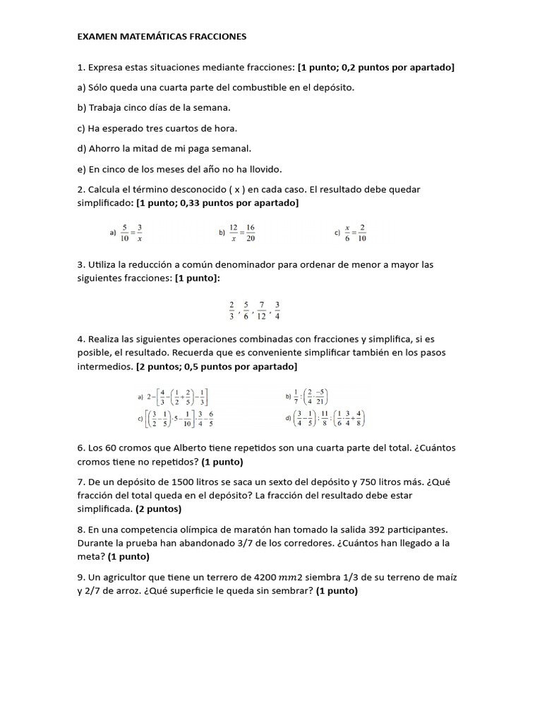 Examen de Matemáticas: Fracciones 2 ESO | PDF