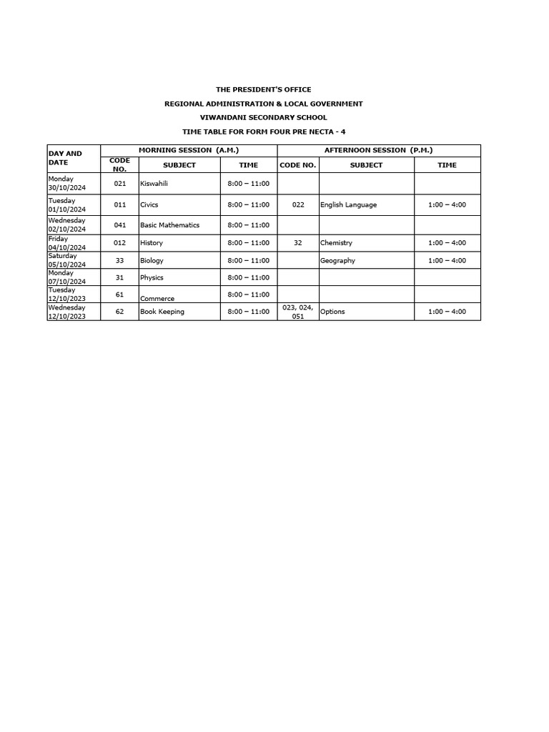 Form Four Pre Necta - 4 Timetable | PDF