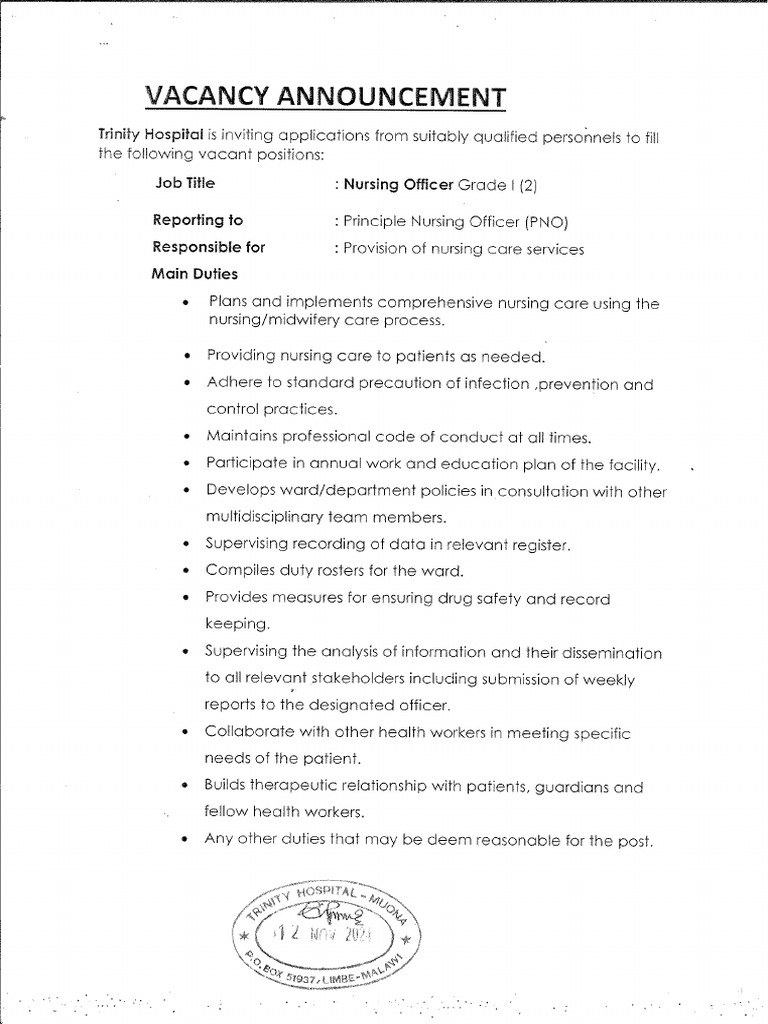 Trinity Hospital- Vacancy Announcement 12 Nov 2024 | PDF