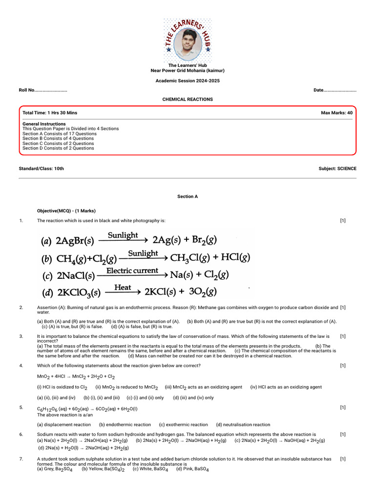 Class 10 Science Chemical Reactions Exam | PDF | Chemical Reactions ...