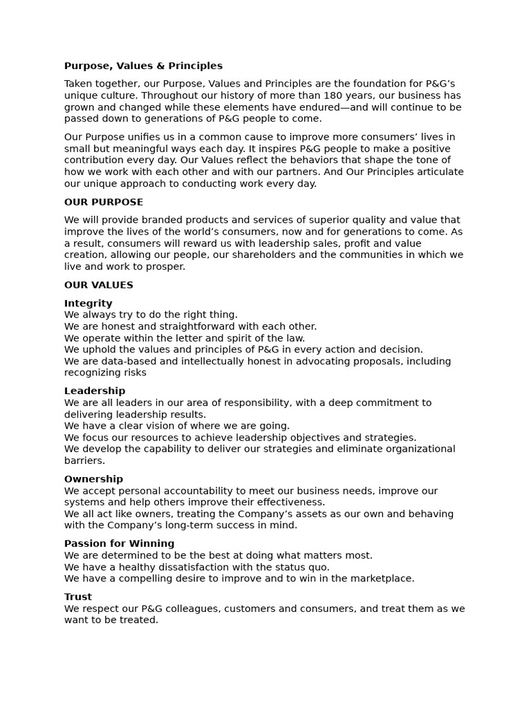 Purpose, Values & Principles | PDF | Leadership | Supply Chain