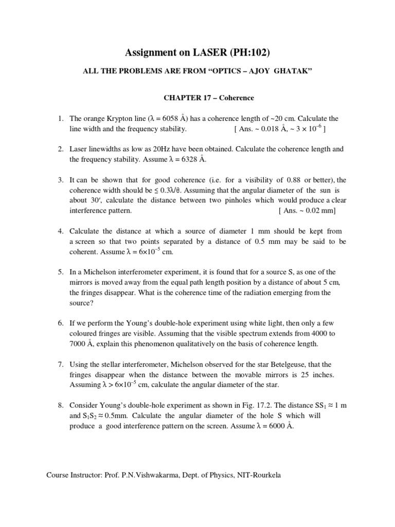 Assignment On Laser Ph102 All The Problems Are From Optics Ajoy