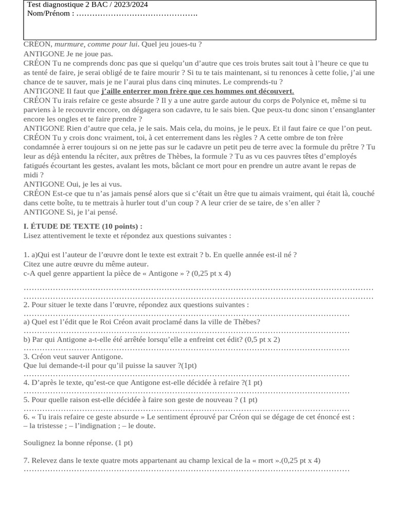 Test diagnostique 2 BAC 2023/2024 Antigone | PDF