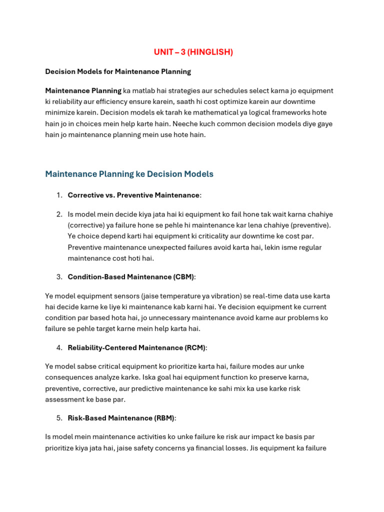 UNIT - 3 (HINGLISH) Maintenance Management | PDF | Reliability Engineering | Risk