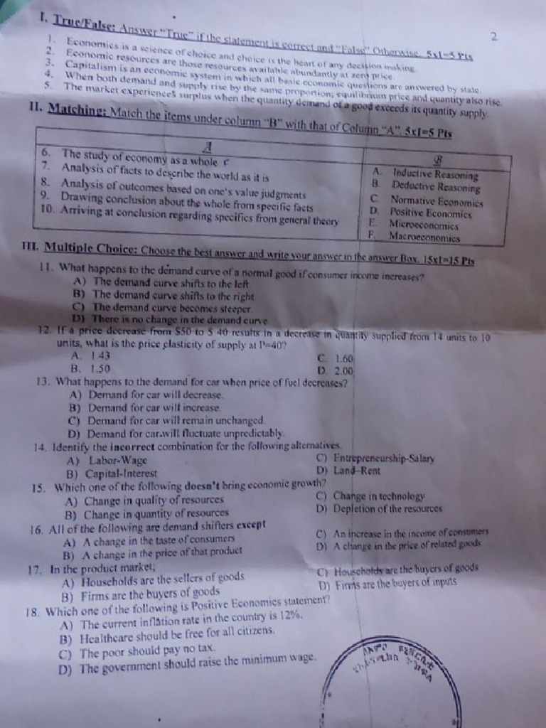 Economics Mid Exam Ambo Uni. 2017 | PDF