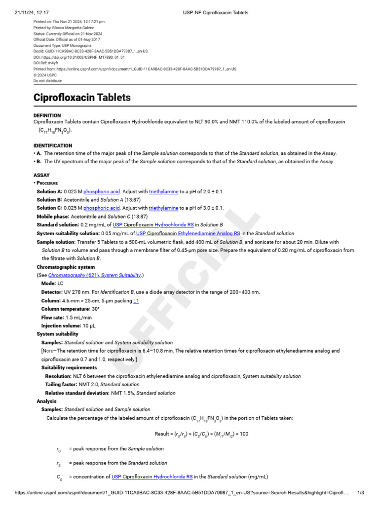 Ciprofloxacin Tablets USP Monograph | PDF | Chromatography | Analytical ...