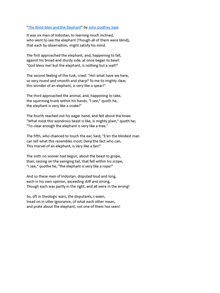 Blind Men and the Elephant Poem Analysis | PDF