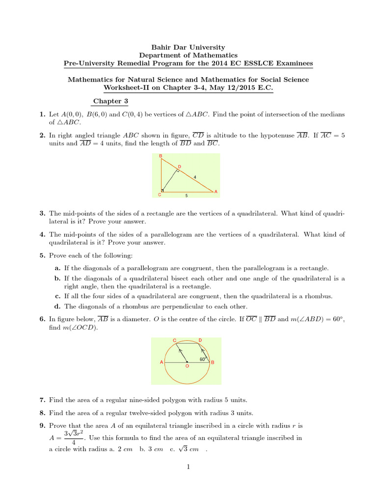 Mathematics-Remedial - Worksheet-II - Chapter 3-4 | PDF | Area | Triangle