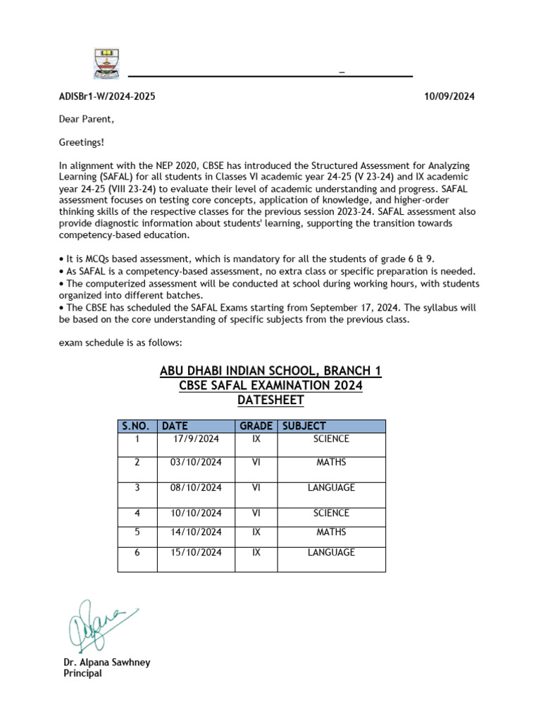 CBSE SAFAL Exam Schedule 2024 | PDF
