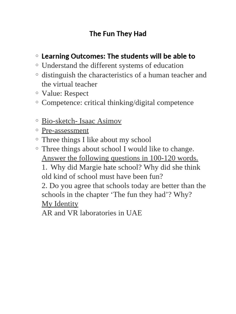 Learning Outcomes from "The Fun They Had" | PDF