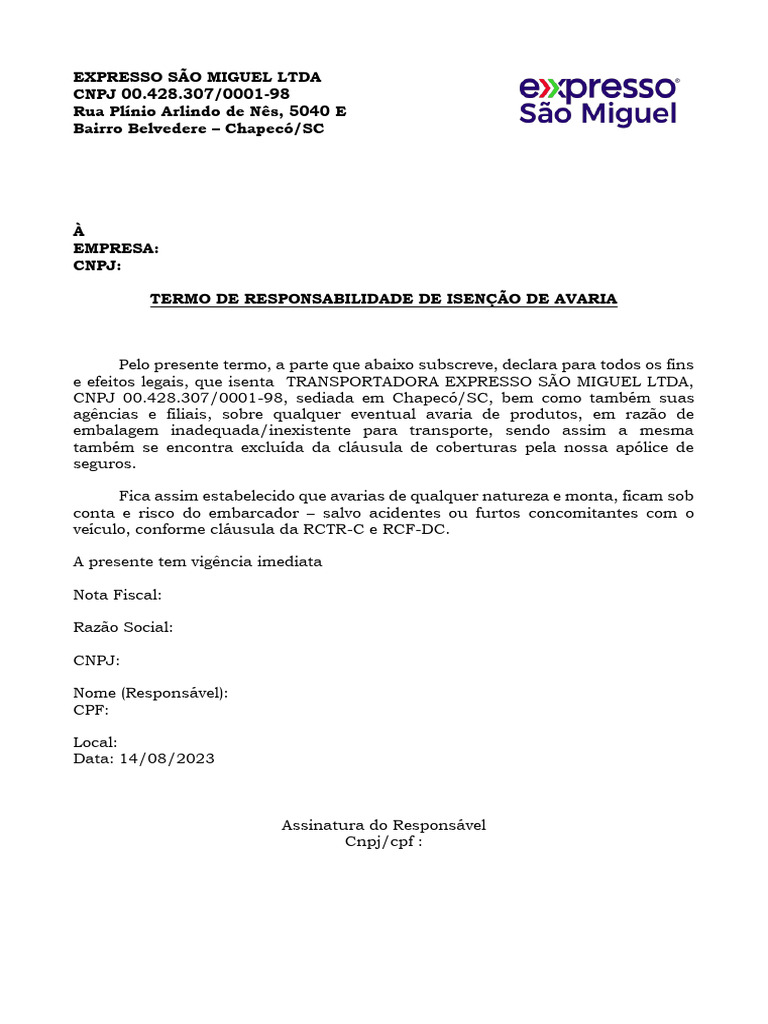 Carta Isenção de Avaria | PDF