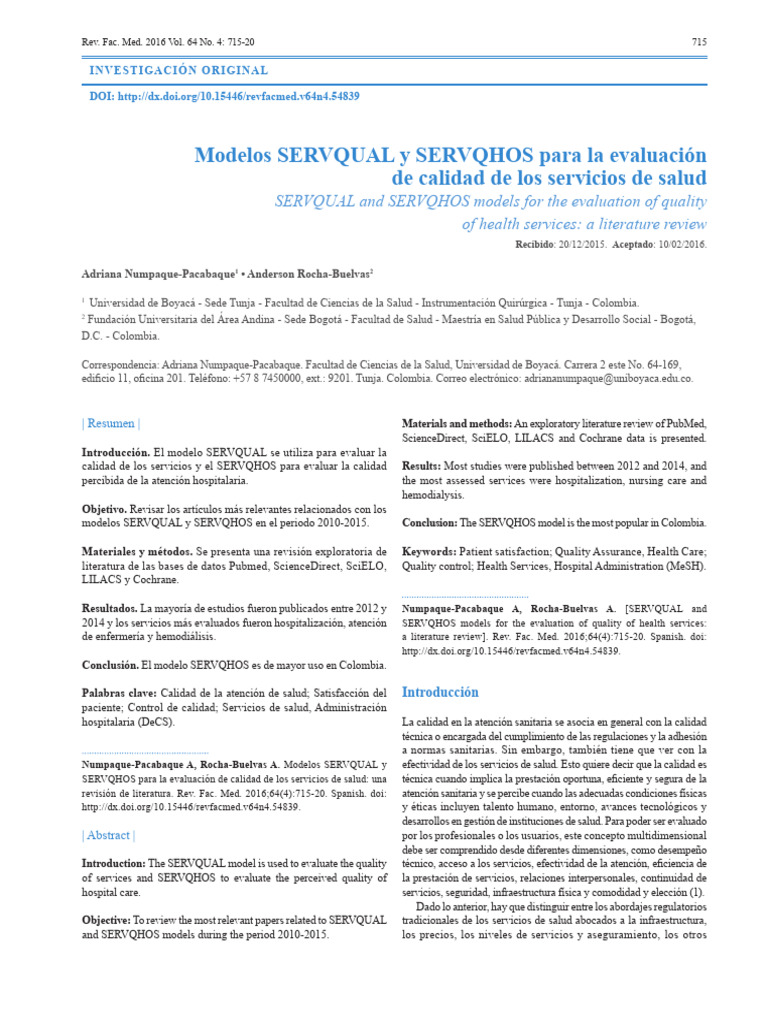 Modelos SERVQUAL y SERVQHOS para La Evaluación de Calidad de Los Servicios de Salud | PDF ...