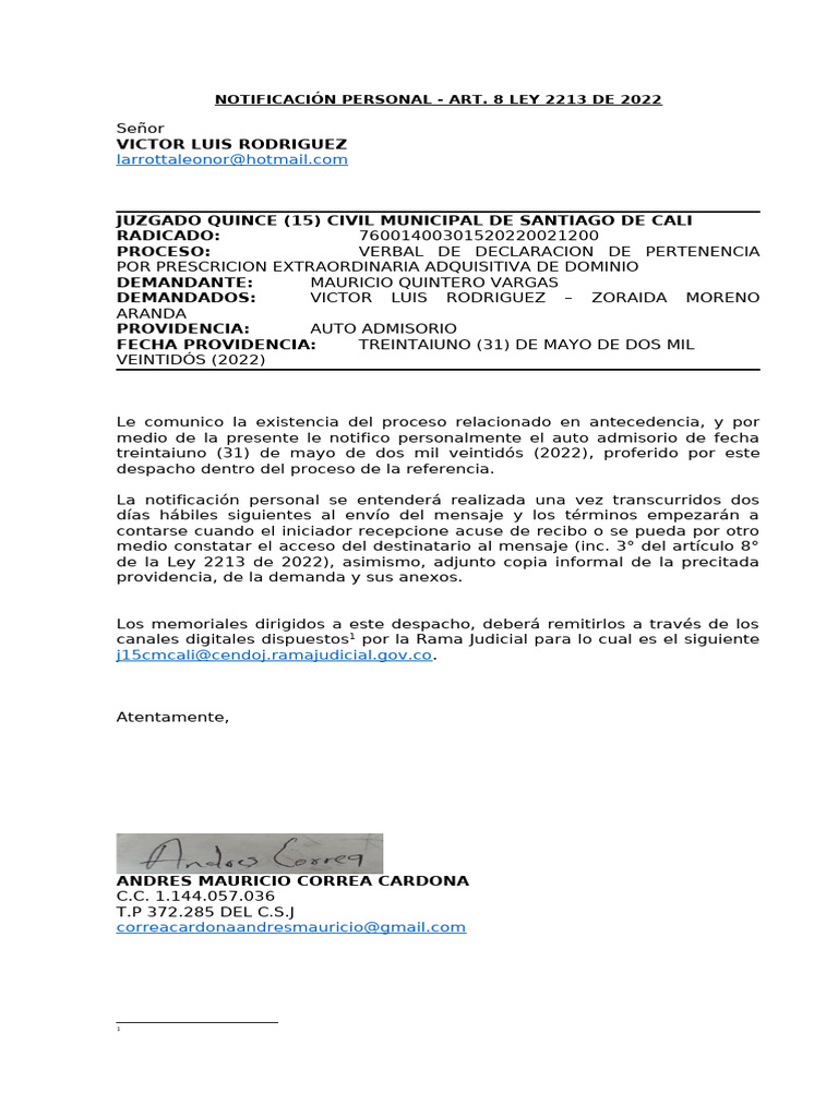 Oficio Notificación Personal Ley 2213 Del 2022 | PDF