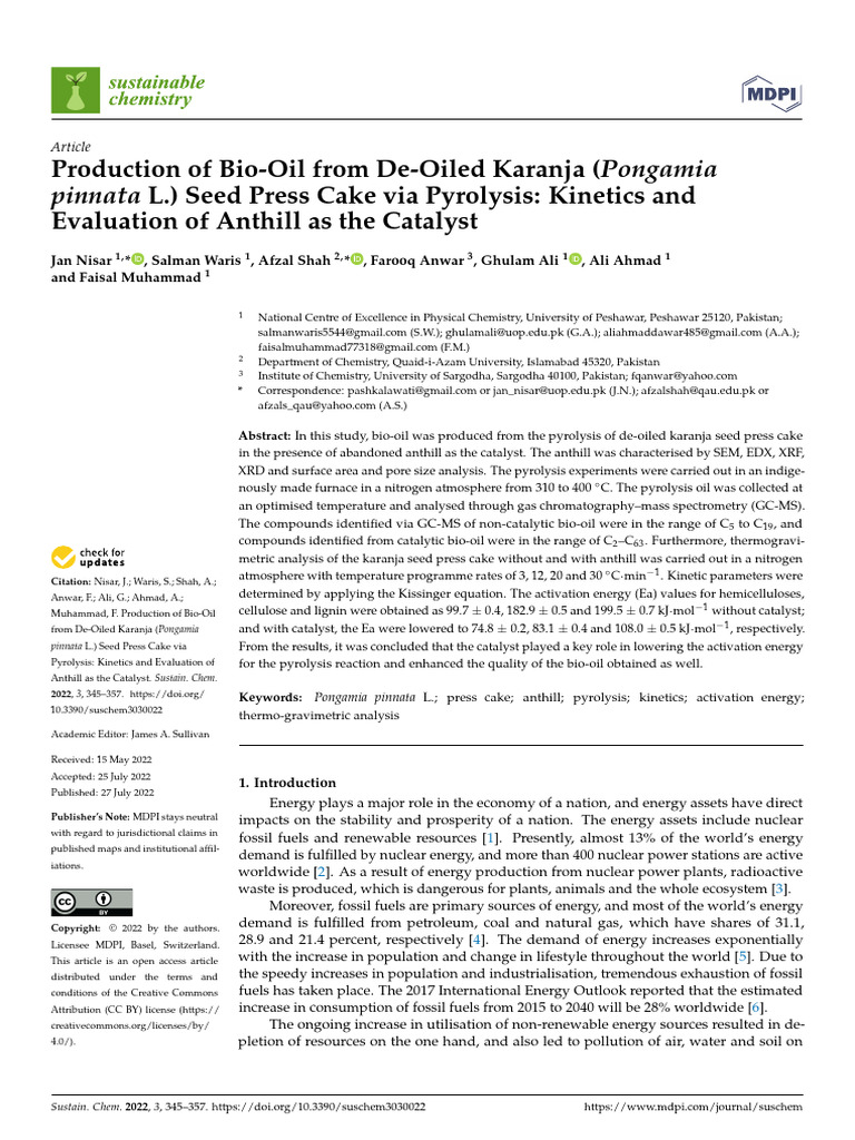 Production of Bio-Oil From De-Oiled Karanja (Pongamia | PDF | Energy ...