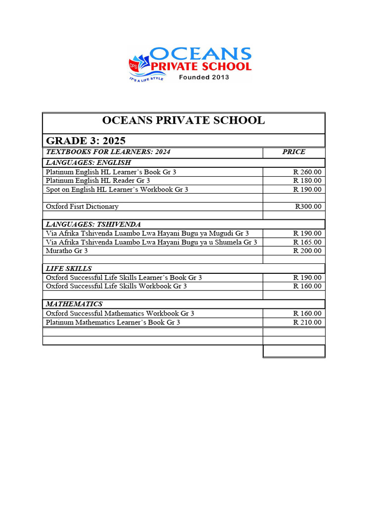 Grade 3 Textbooks & Prices 2024 | PDF