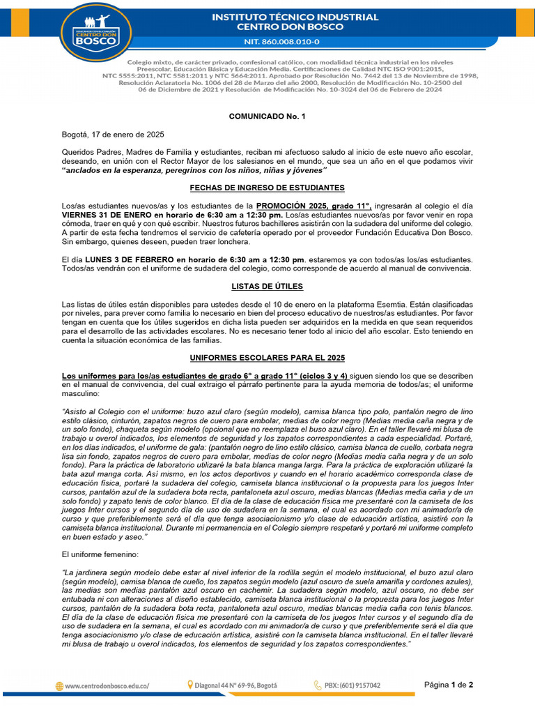 DQVNGH Comunicado No. 1 Orientaciones Al Inicio Del Nuevo Ano Escolar | PDF | Ropa