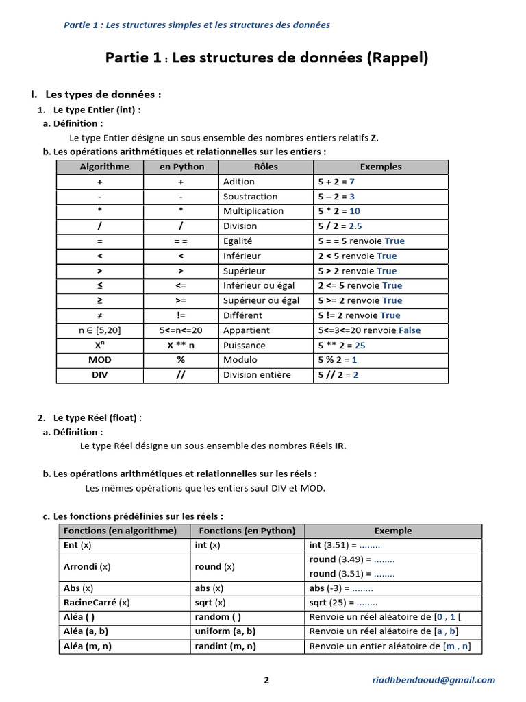 Partie 1 Les Structures Simples Et Les Structures Des Données (Rappel) | PDF | Entier naturel ...