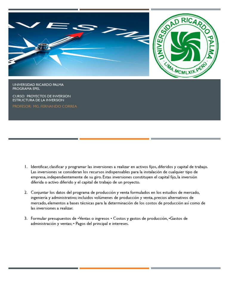 Proyectos de Inversion Estrucutura de La Inversion Costos y Presupuestos Tercera y Cuarta Semana ...
