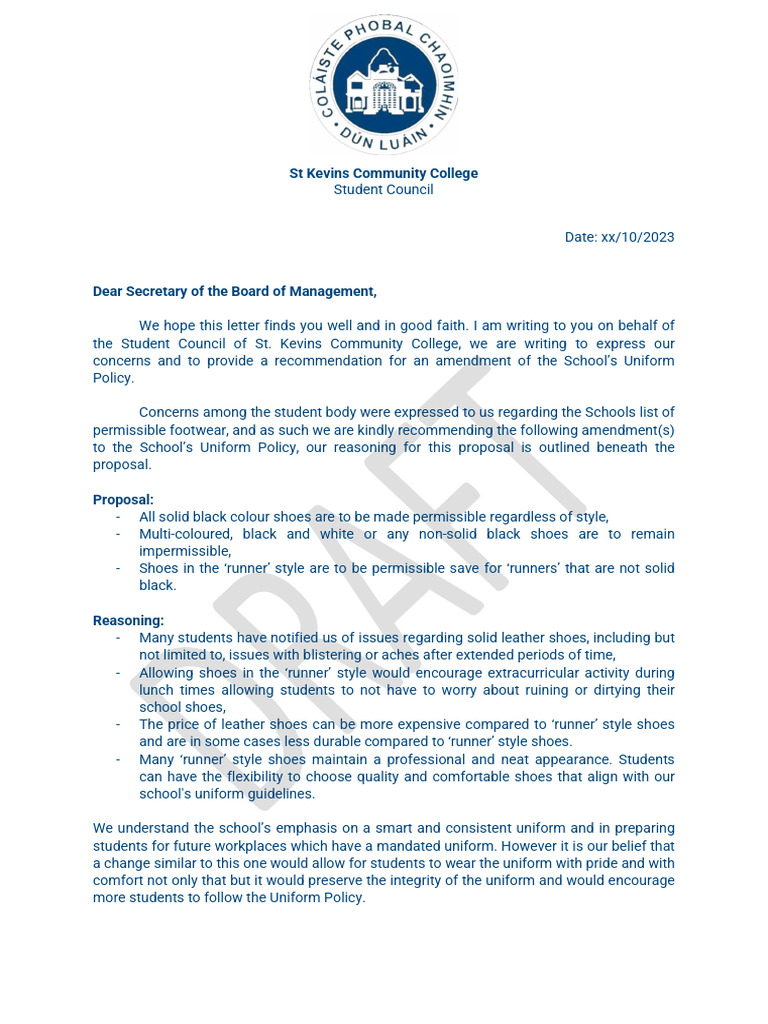 DRAFT Letter On Uniform Policy Proposal | PDF | Shoe