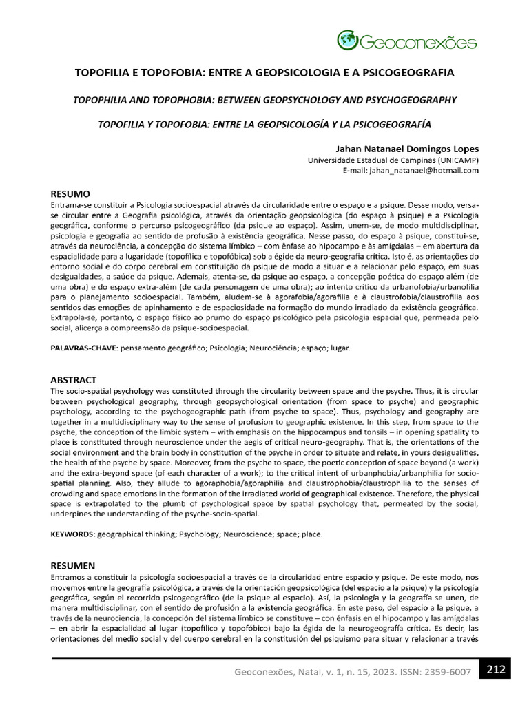 Vista do TOPOFILIA E TOPOFOBIA_ ENTRE A GEOPSICOLOGIA E A ...