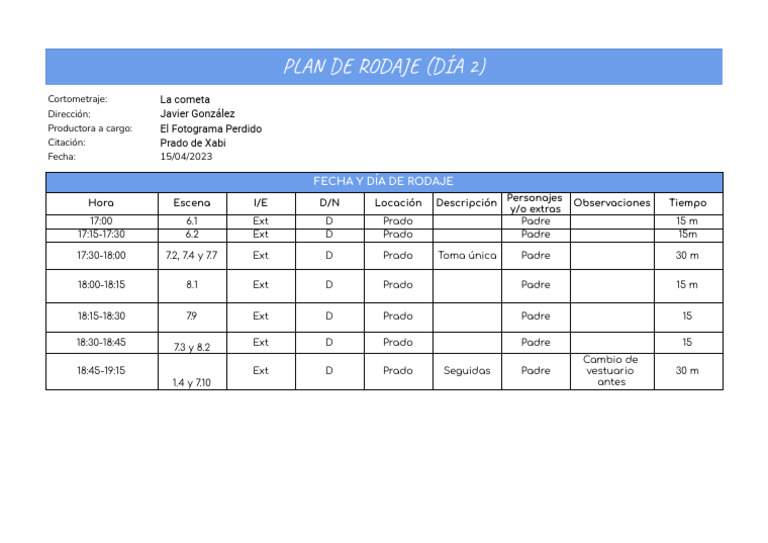 Plantilla-Plan-Rodaje-En-Excel - XLSX - SÁBADO | PDF