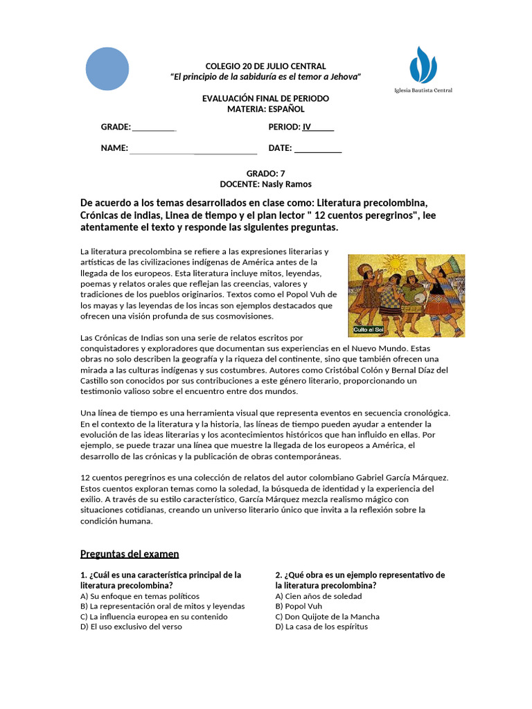 Examen Séptimo Grado | PDF | Gabriel García Márquez | Realismo literario