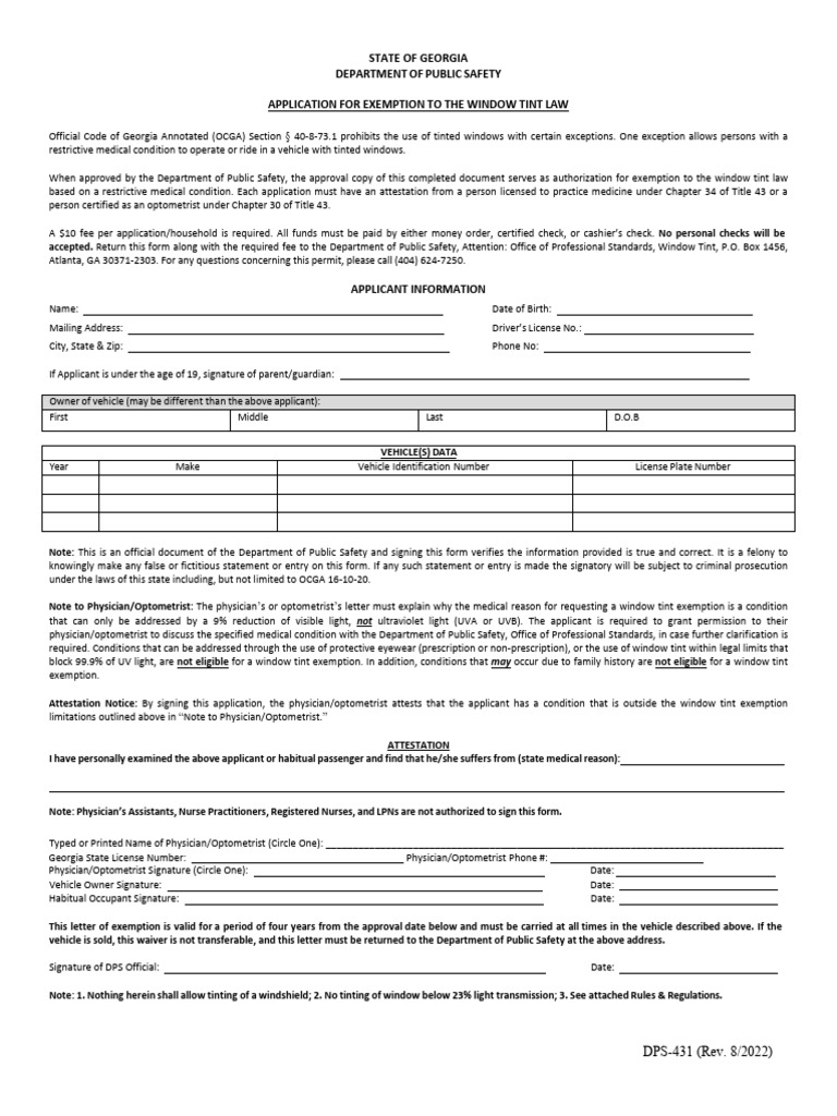 Window Tint Permit Application - Fillable - REV052024 | PDF ...