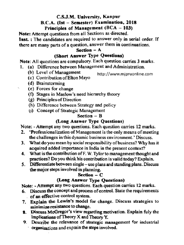 Bca 1 Sem Principles of Management Bca 103 2018 | PDF