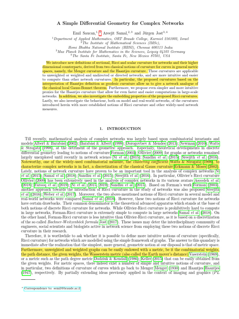 A Simple Differential Geometry For Complex Networks: Et Al. Et Al. Et Al. Clustering Coefficient ...