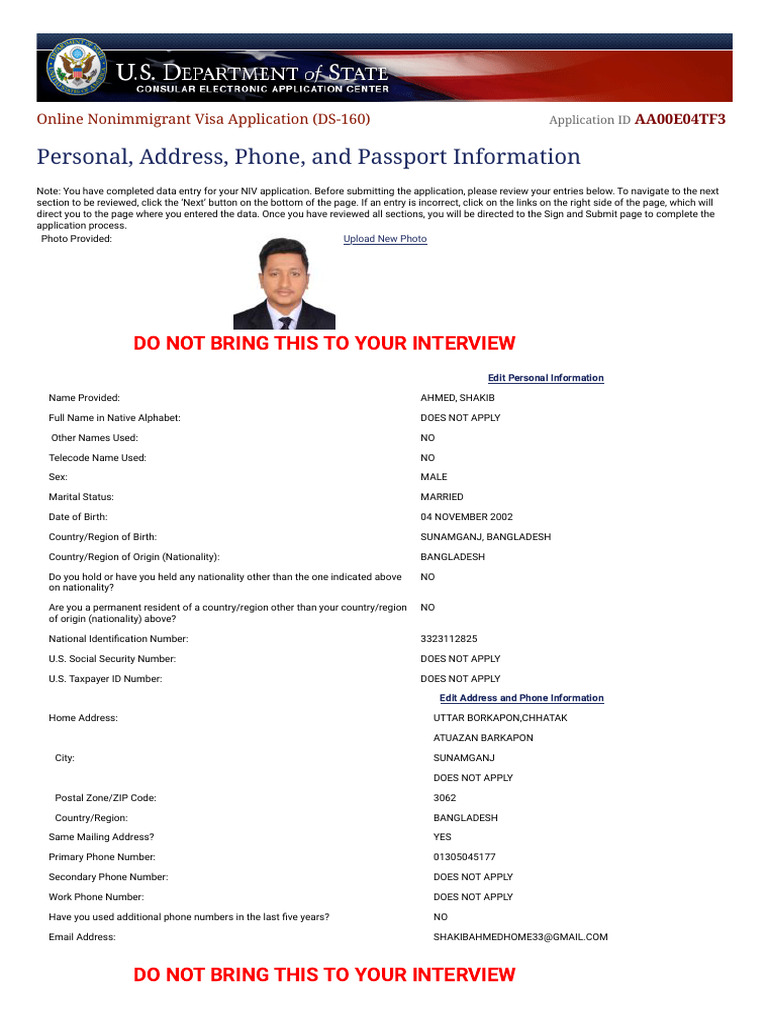 Non-Immigrant Visa - Review Personal, Address, Phone, and Passport ...