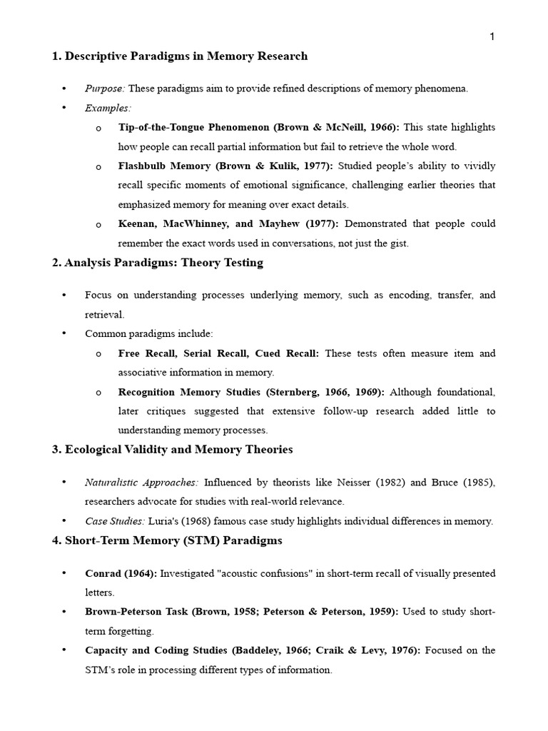 paradigms notes | PDF | Recall (Memory) | Memory