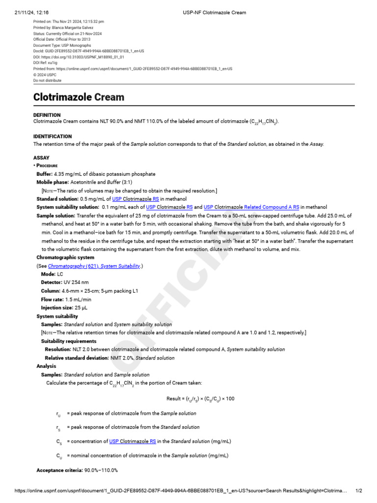 USP Monograph for Clotrimazole Cream | PDF | Chromatography ...