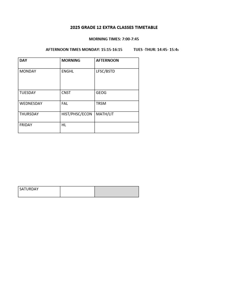 2025 Grade 12 Extra Classes Schedule | PDF