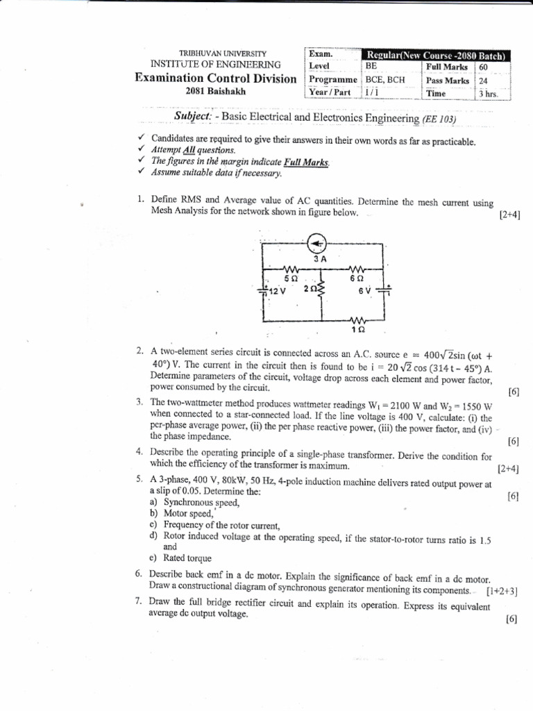 Electrical Engineering Exam Questions | PDF | Electric Motor | Electronics