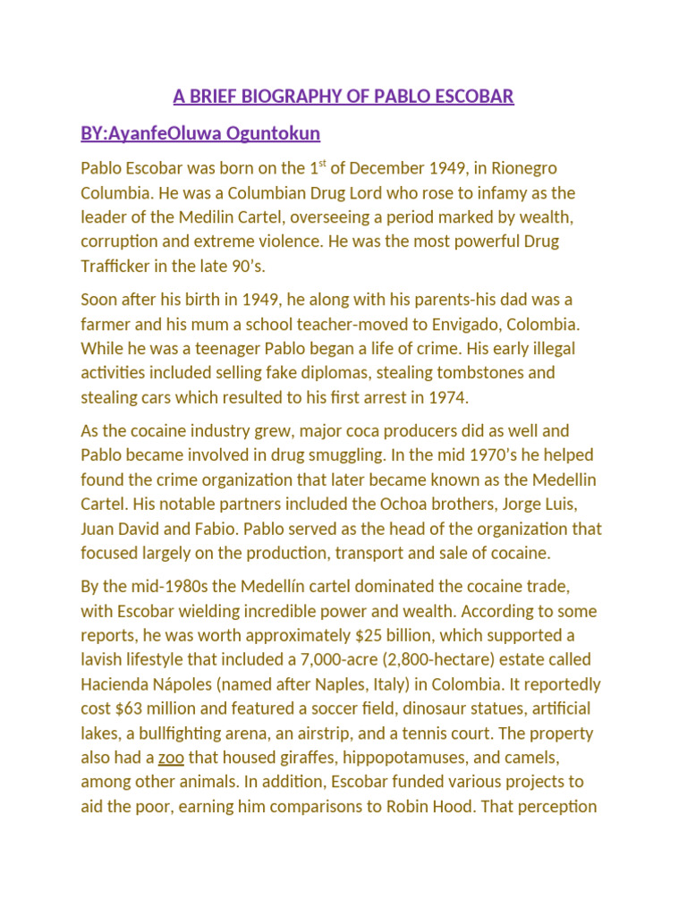 A BRIEF BIOGRAPHY OF PABLO ESCOBAR | PDF | Organized Crime | Illegal ...