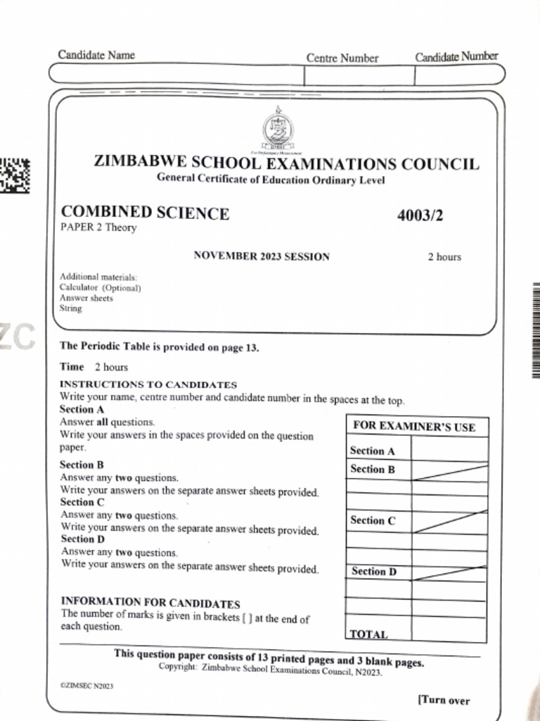 Combined Science Paper 2 Nov23 | PDF