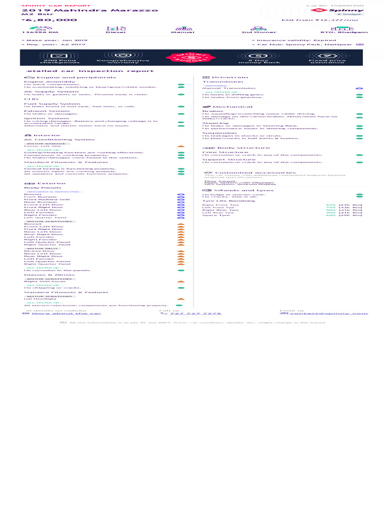 Spinny 2019 Mahindra Marazzo M2 Inspection Report | PDF | Leak | Manual Transmission