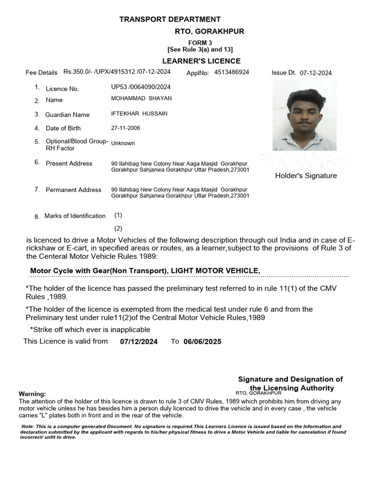 Rto, Gorakhpur Transport Department: Form 3 (See Rule 3 (A) and 13 ...