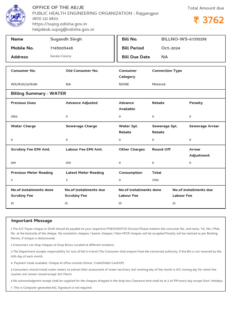 Water Bill Notice for Sugandh Singh | PDF | Cheque | Payments