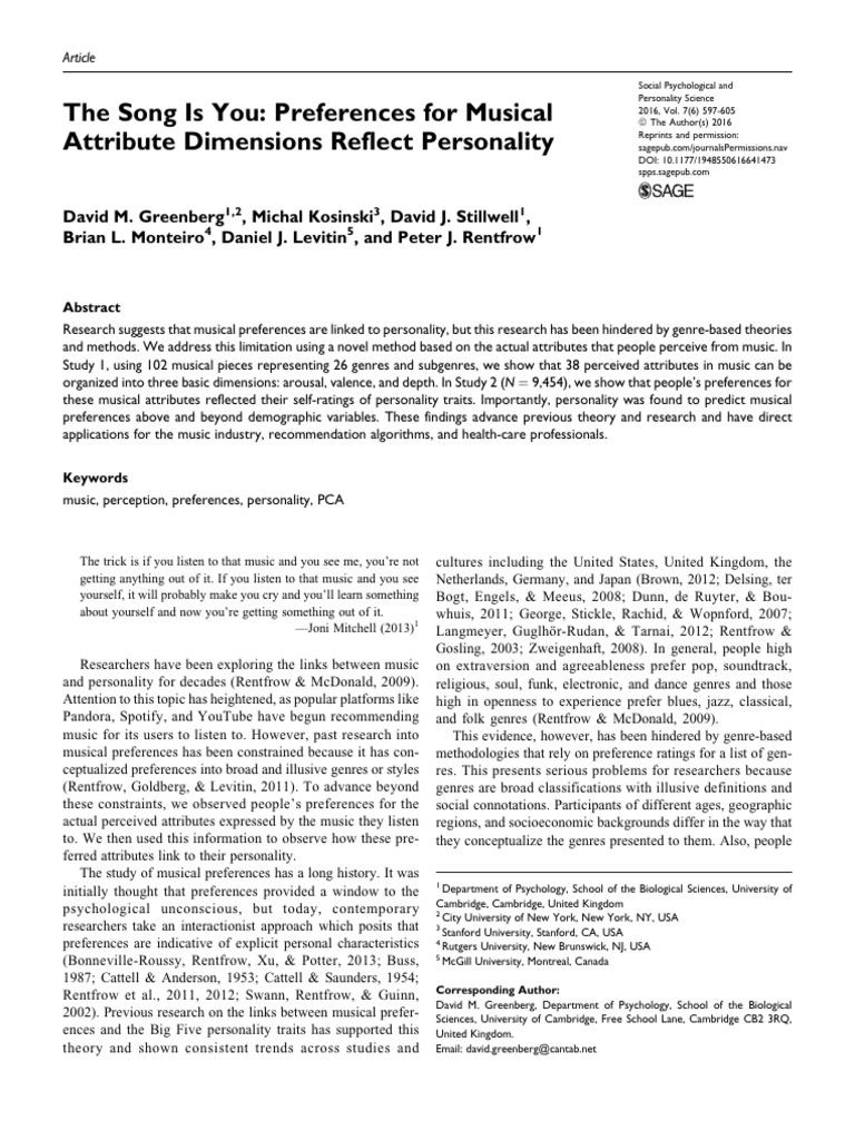 Musical Preferences and Personality Traits | PDF | Principal Component ...