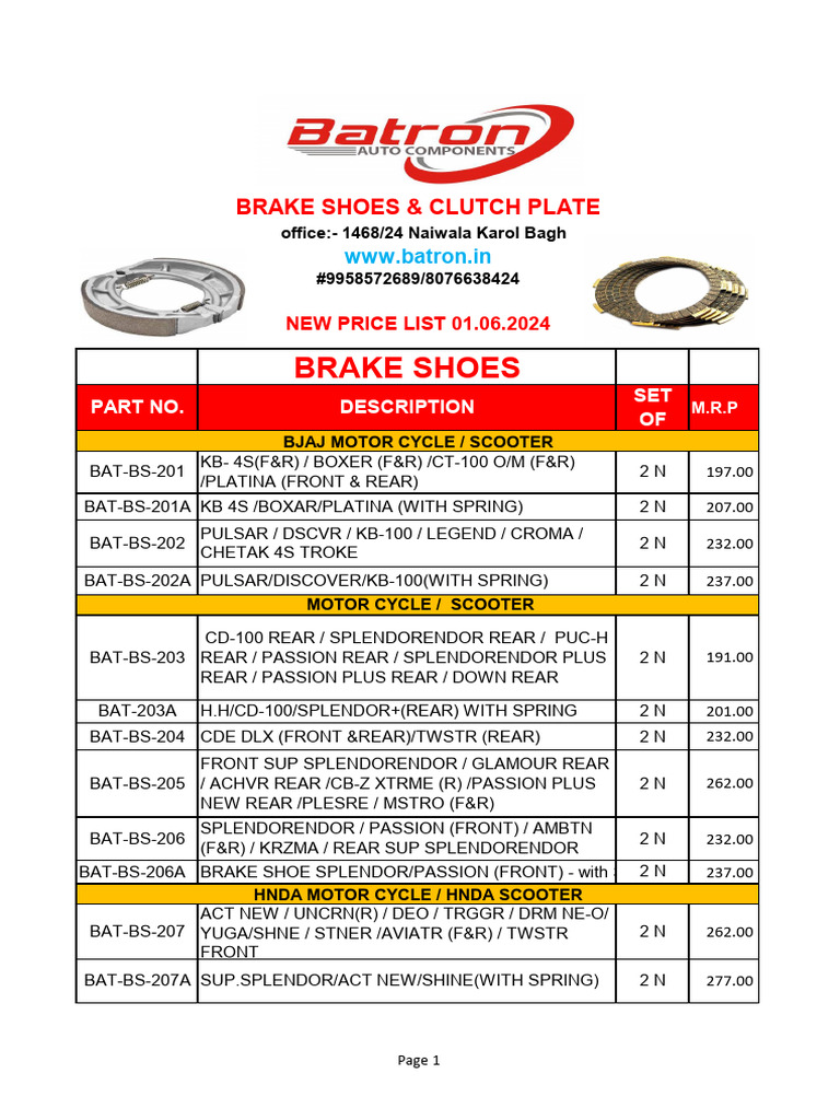 BATRON Brake Shoes & Clutch Plate Price List | PDF | Vehicles | Land ...