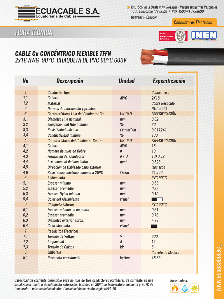 Cable Concéntrico 2x18 AWG Especificaciones | PDF | Resistencia ...