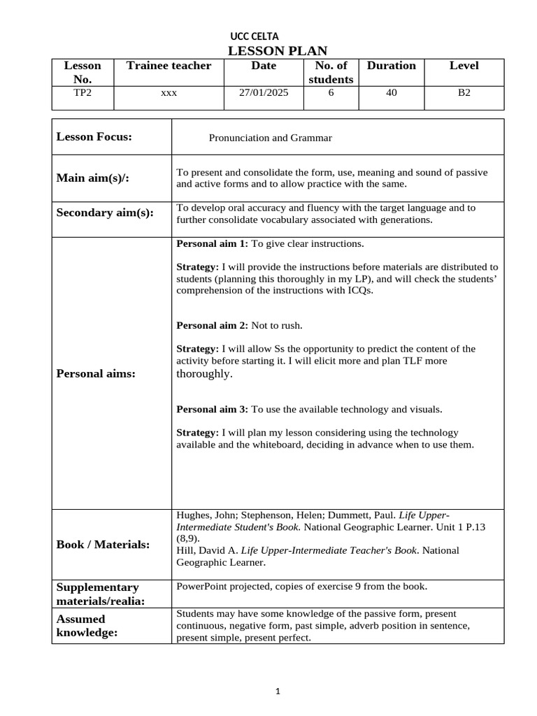 CELTA Lesson Plan: Grammar & Pronunciation | PDF | Verb | Grammatical Tense