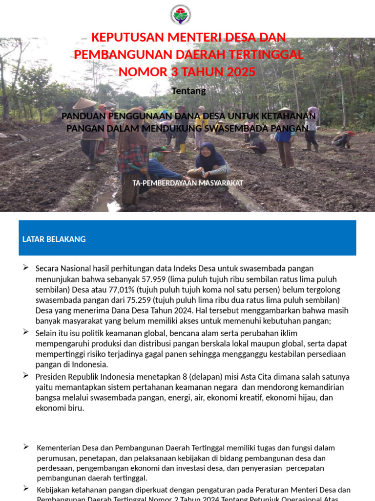 Kemendes 3 Tahun 2025 Tentang Panduan Ketahanan Pangan (Power Point) | PDF